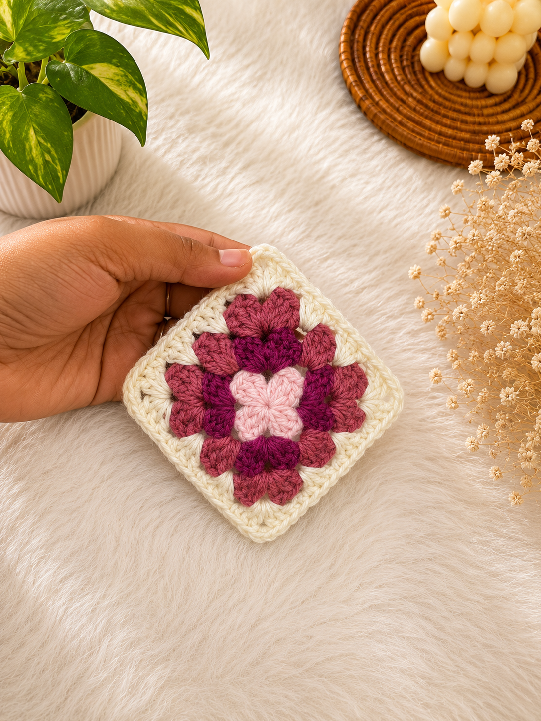 Rosette Bloom Crochet Coaster Set | Handmade Floral Granny Square ...